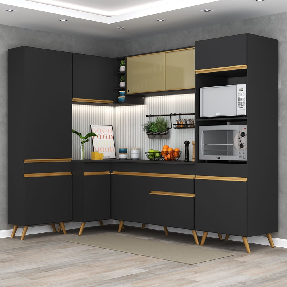 Armário de Cozinha Completa de Canto Veneza Multimóveis MP2050 e Balcão Preta - Multimóveis