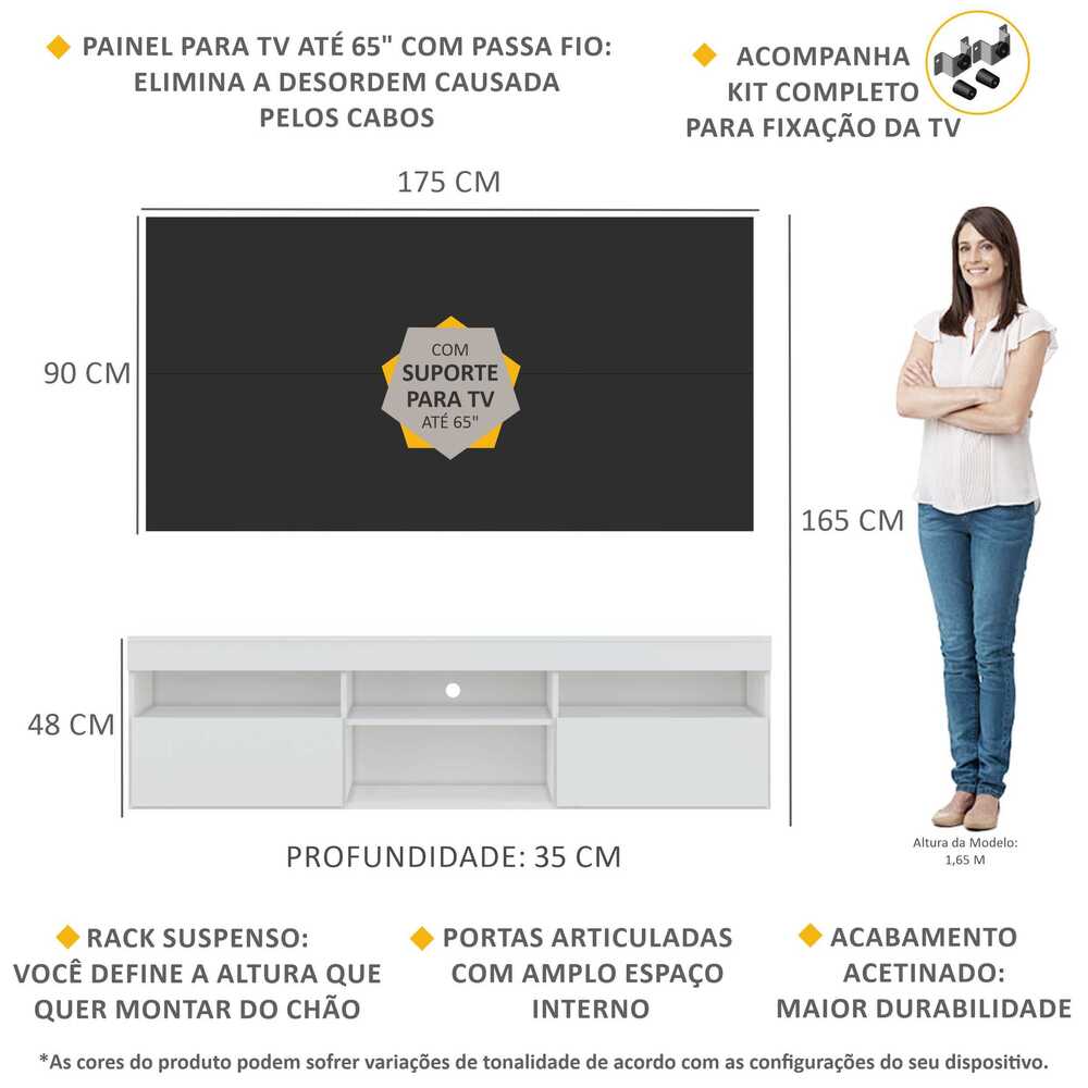 Rack com Painel e Suporte para TV até 65" Suspenso com 2 Portas Londres ...