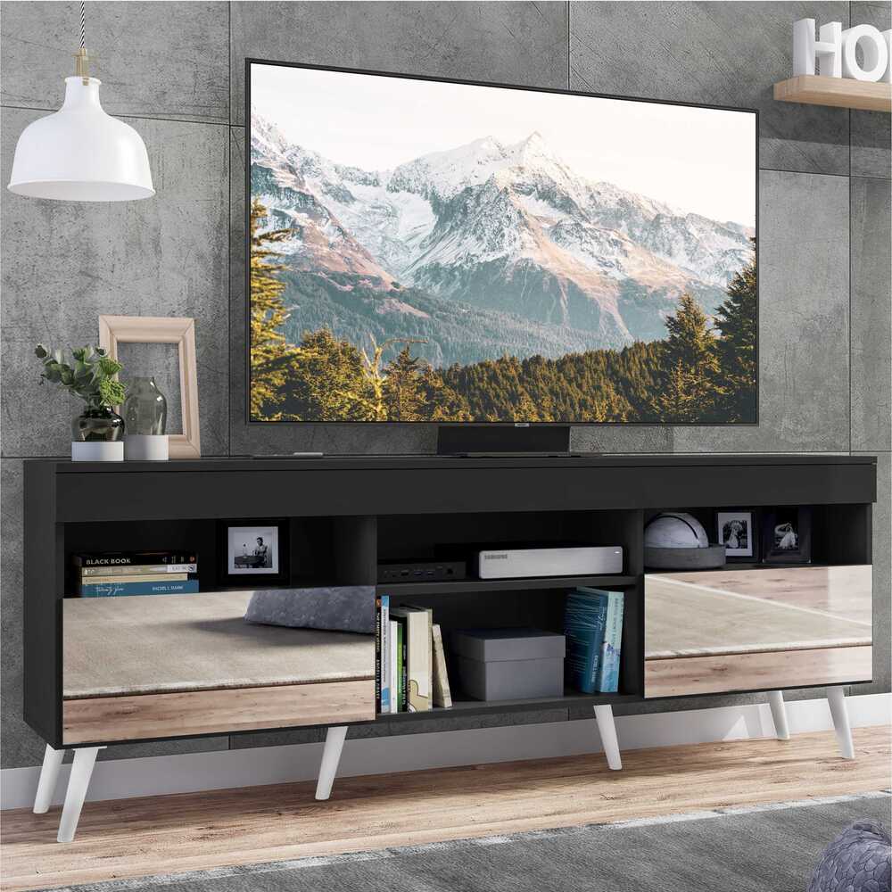 Rack TV 65" com Espelho, Pés Retrô e 2 Portas Paris Multimóveis Preto ...