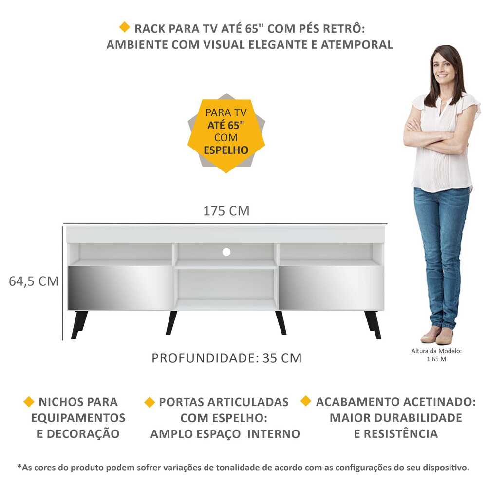 Rack TV 65" com Espelho, Pés Retrô e 2 Portas Paris Multimóveis Branco ...