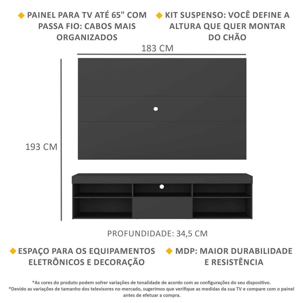 Rack Suspenso com Painel TV até 65 Polegadas Miami Multimóveis MP1058 Preto