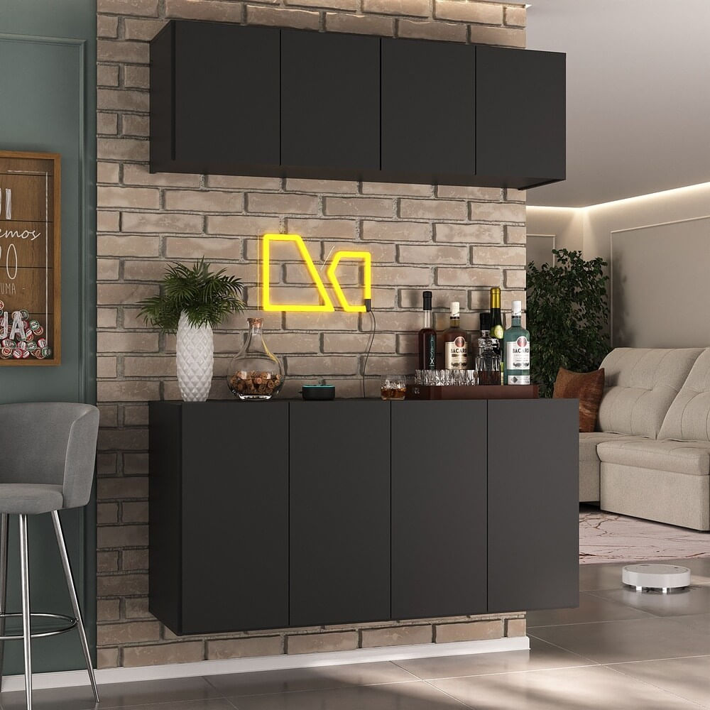 Kit Bar Armário Aéreo e Aparador 4 Portas Multimóveis MP1075 Preto
