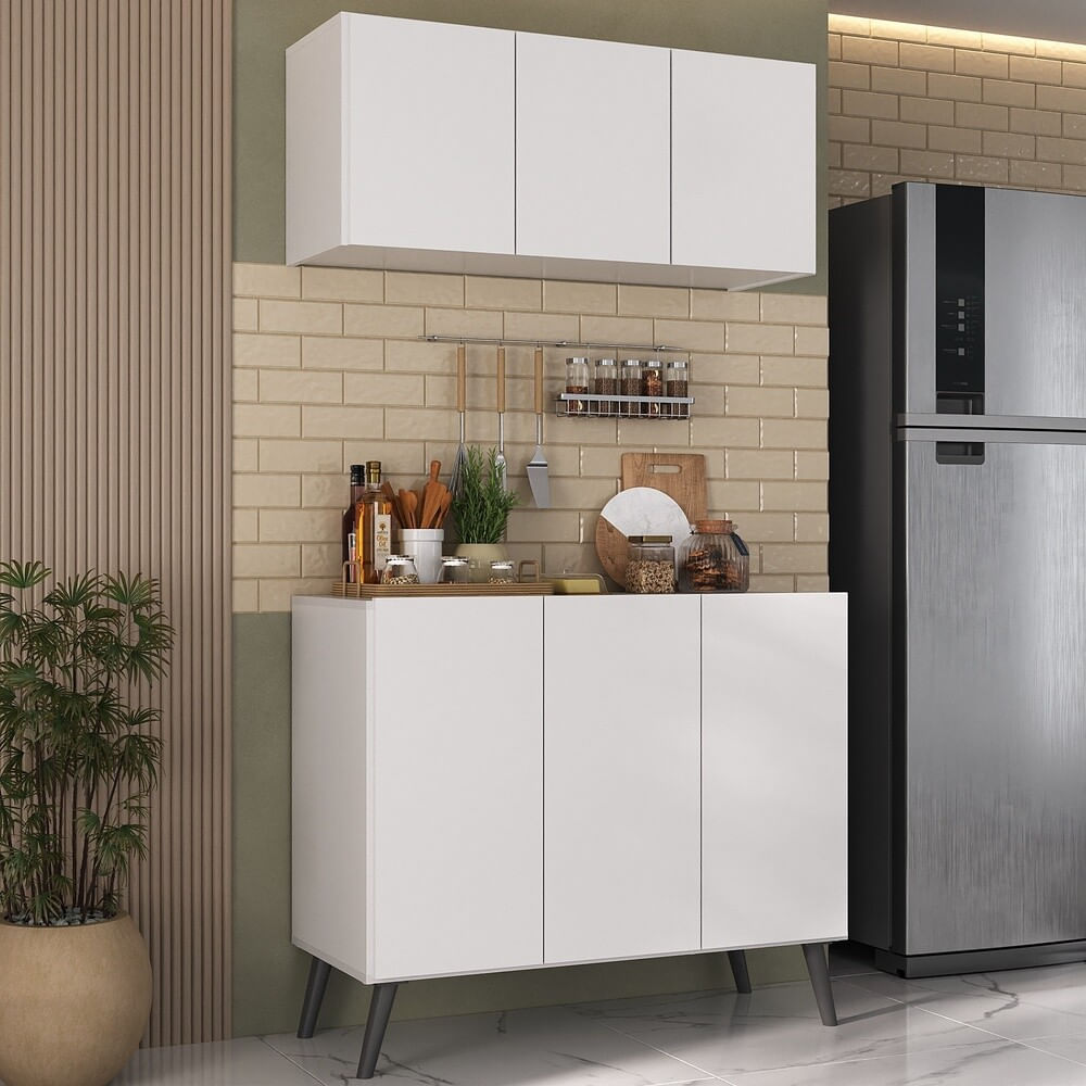 Kit Armário de Cozinha Aéreo e Balcão 3 Portas Retrô Multimóveis MP2168 Branco/Preto