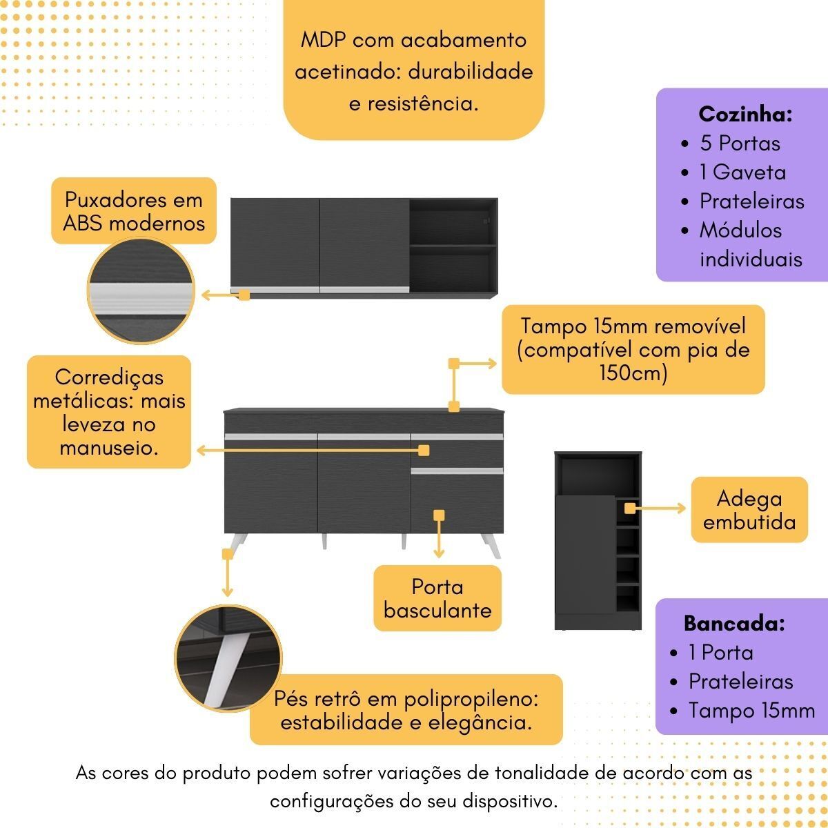 Armário de Cozinha Compacta com Mesa Gourmet Veneza Multimóveis MP2201 Preto/Branco - Multimóveis