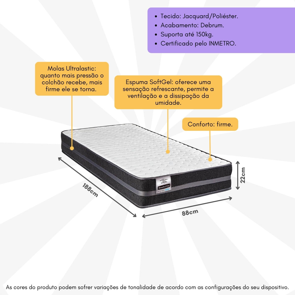 Colchão Solteiro Bogotá 88x188cm Molas Ultralastic Softgel Inducol ...